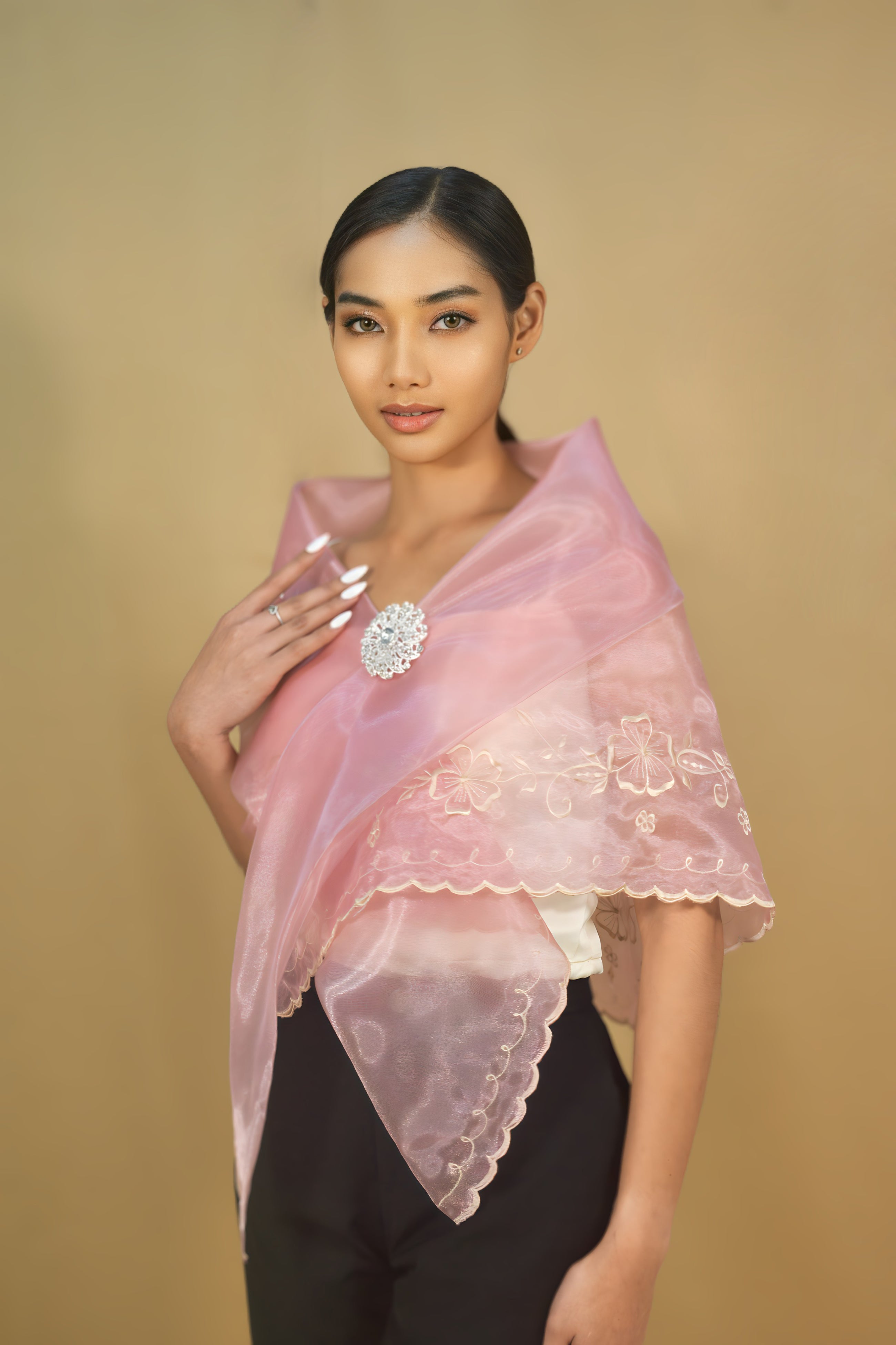 Elegant Rose Pink Pina Organza Filipiniana Alampay - Monica