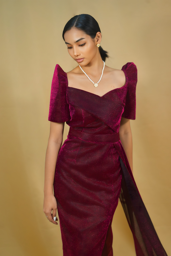 Maroon Candy Crush Filipiniana Dress - Veronica